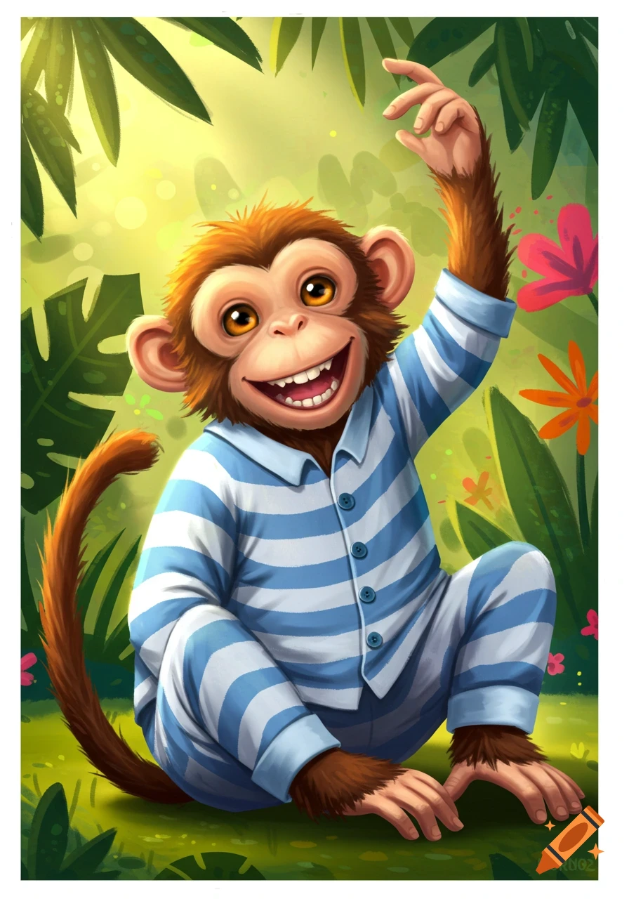 Cute cartoon monkey in striped pajamas sitting in a jungle, smiling. on ...
