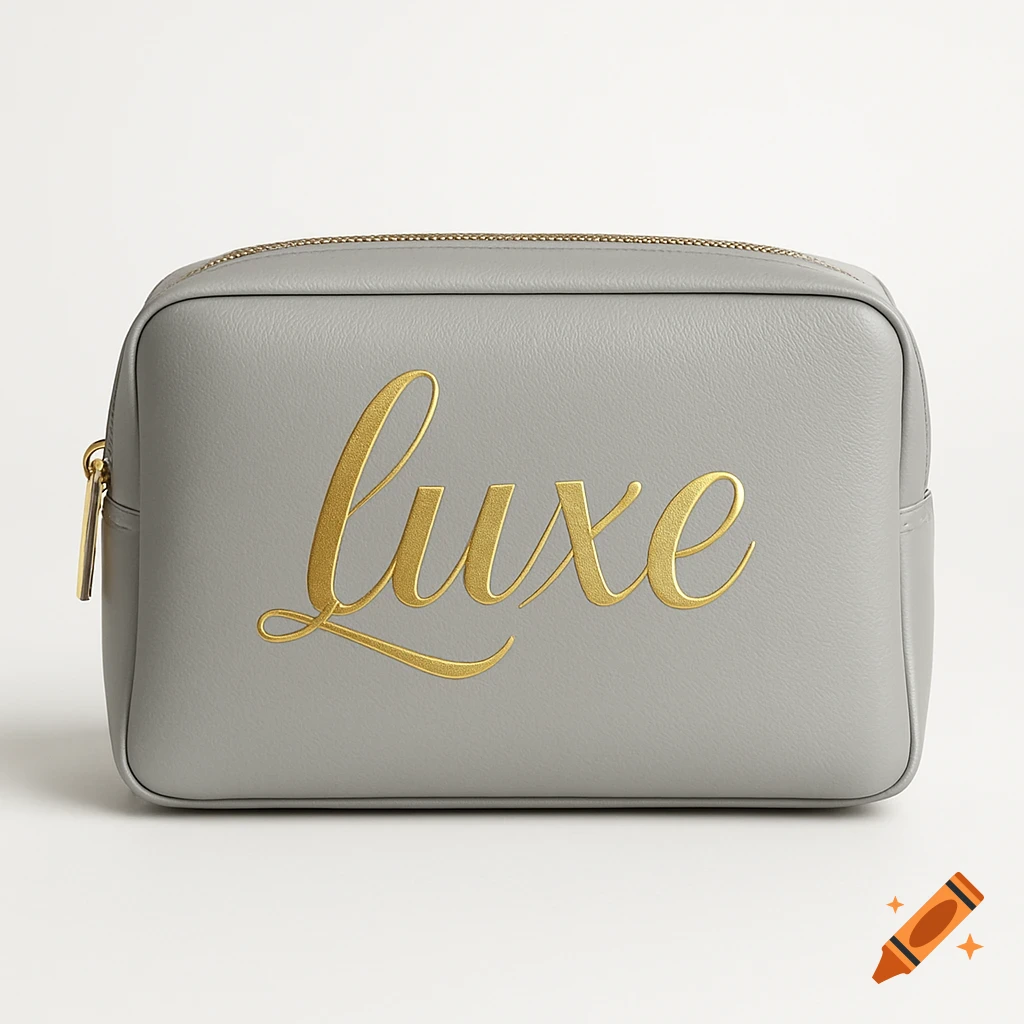 A grey makeup bag with the word "luxe" written in gold script. on Craiyon