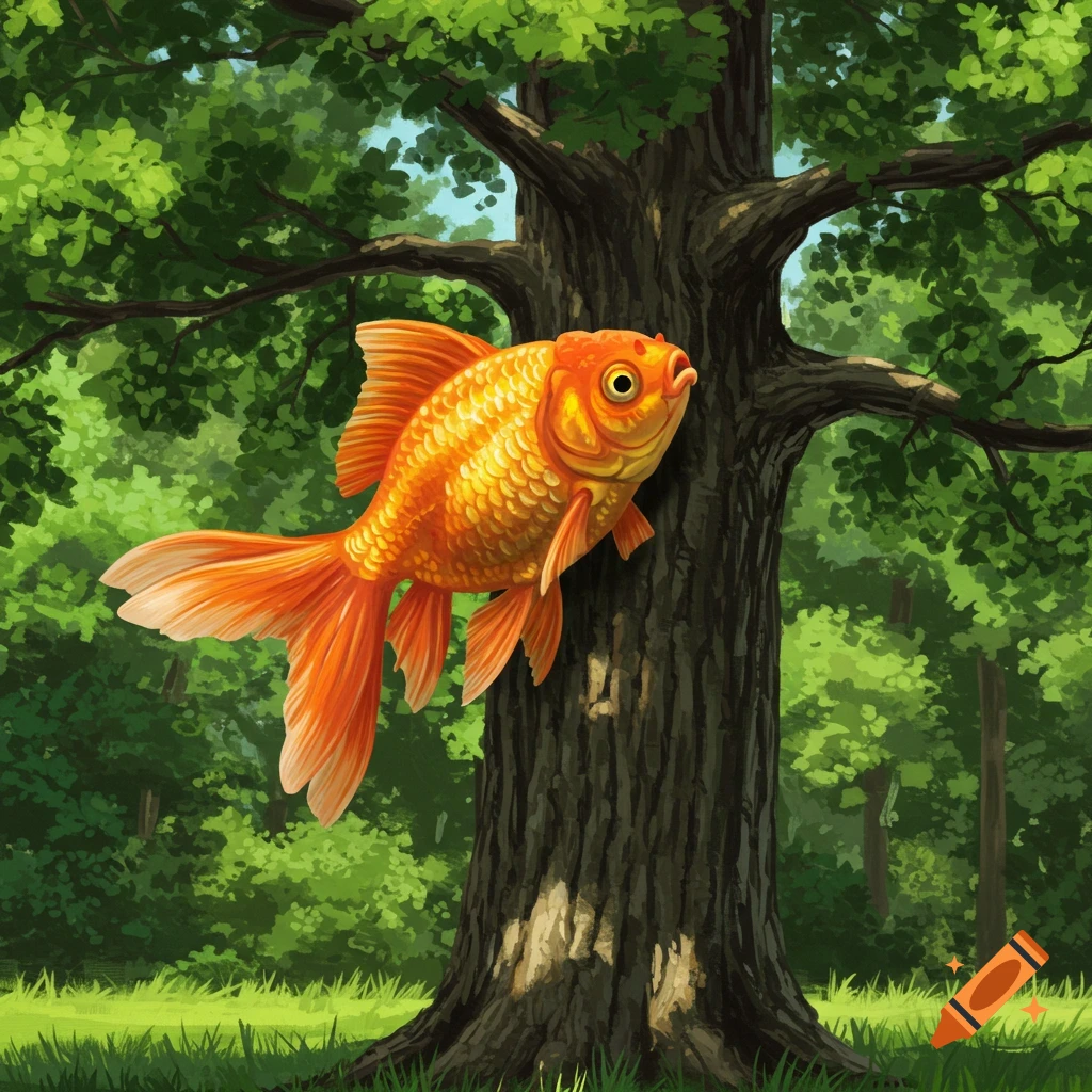 An illustration of a large goldfish stuck to the side of a tree trunk ...