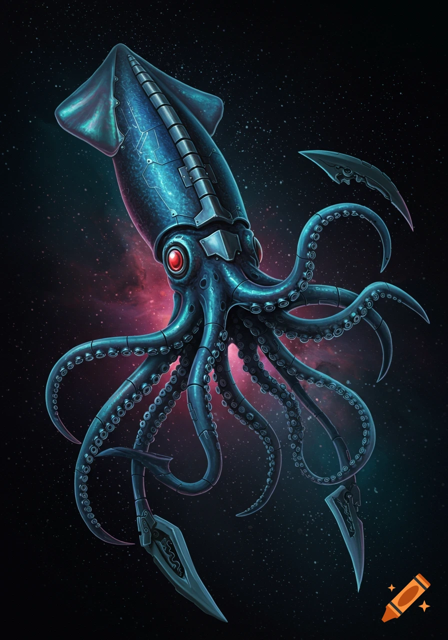 A robotic blue squid with red eyes floats in a starry space environment. on Craiyon