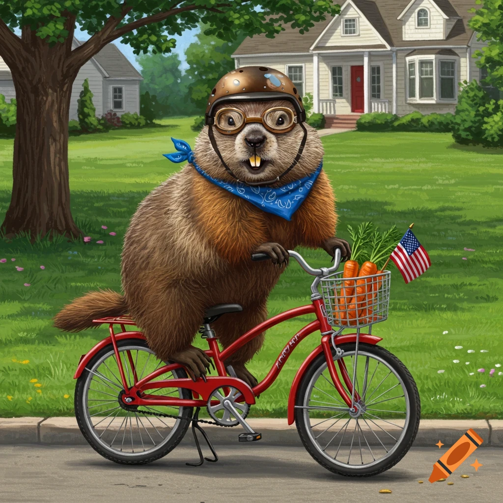 A groundhog in a helmet and bandana rides a red bike with carrots and a ...