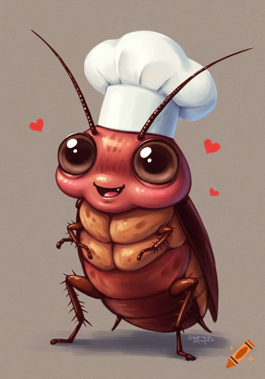 A cute cartoon cockroach wearing a chef's hat. on Craiyon