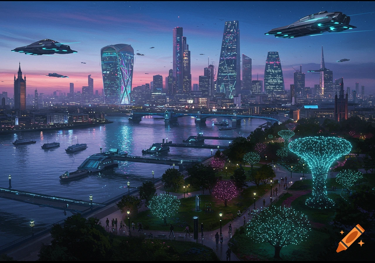 Futuristic London cityscape at night with flying vehicles, river ...