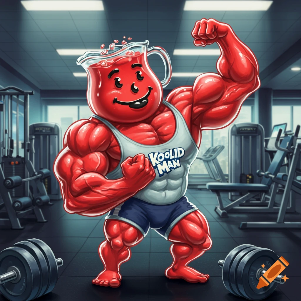 Muscular Kool-Aid Man flexing in a gym. on Craiyon