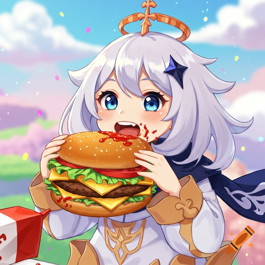 Paimon from Genshin Impact happily eating a large hamburger in a ...