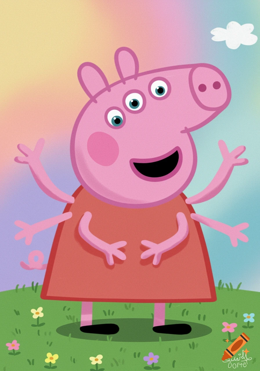 Cartoon Peppa Pig with four eyes and four arms stands in a field of ...
