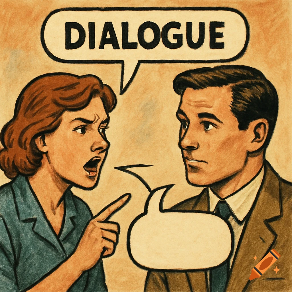 Retro illustration of a woman shouting at a man with a 'DIALOGUE ...