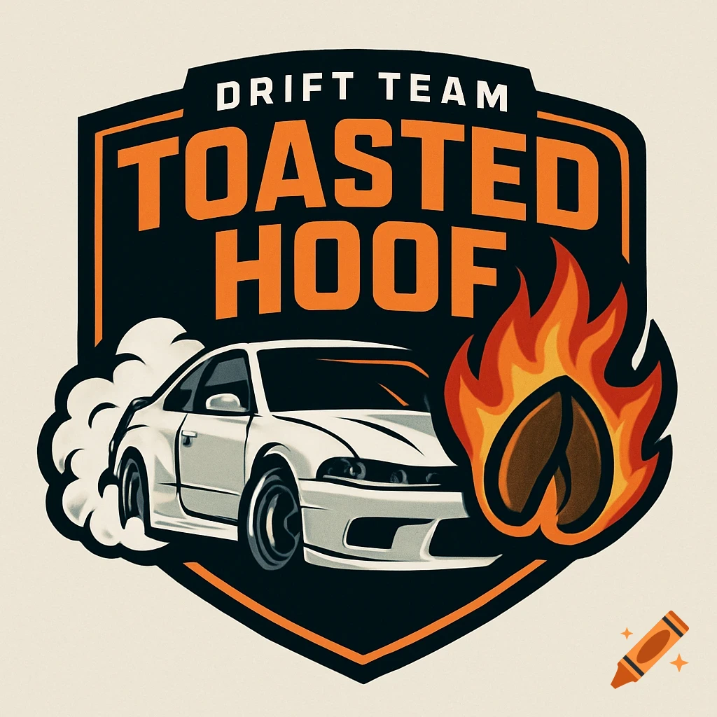 Logo for Toasted Hoof Drift Team, featuring a white drifting car, smoke ...