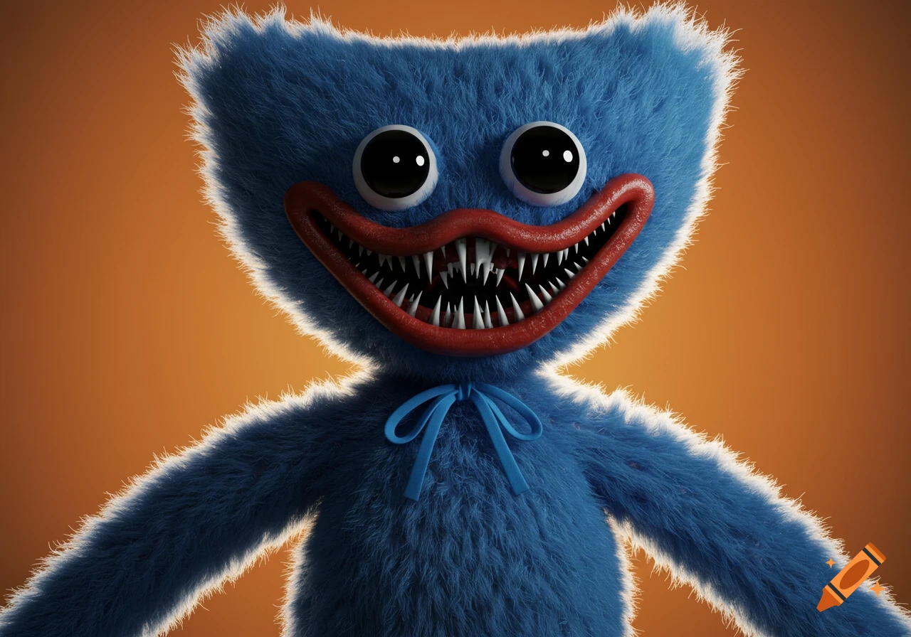 A photorealistic closeup of Huggy Wuggy, a fluffy blue monster with a ...