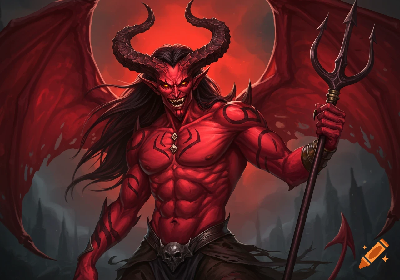 Red devil with horns and wings holding a trident, fantasy art on Craiyon