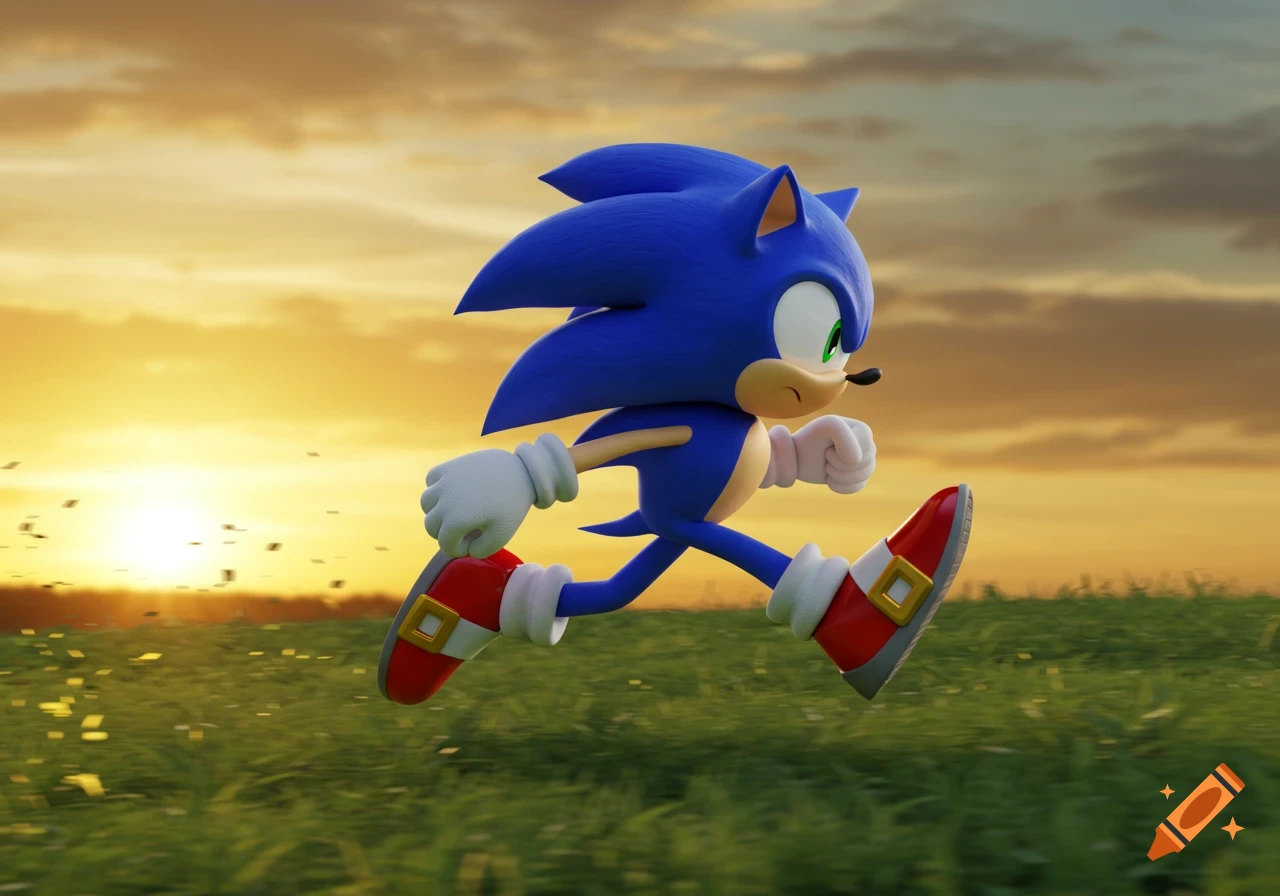 Sonic the Hedgehog runs through a grassy field at sunset. on Craiyon