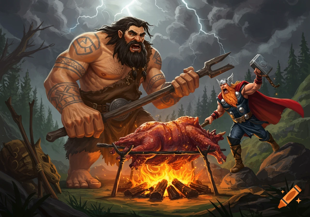 A giant and Thor roast a pig over a fire in a stormy fantasy landscape ...
