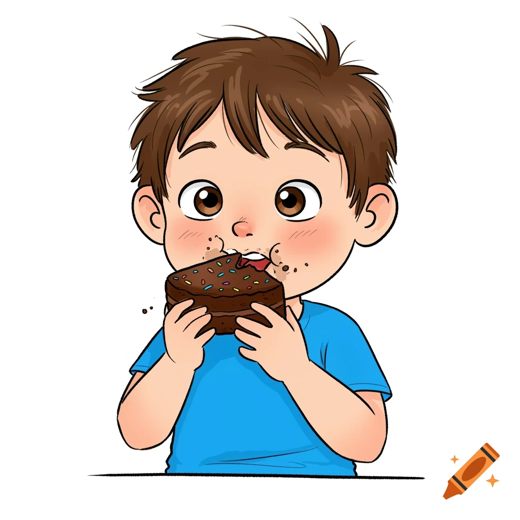 Cartoon illustration of a young boy eating a slice of chocolate cake ...