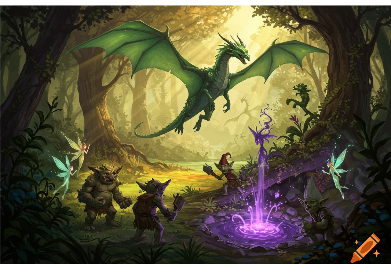 Green dragon flies over goblins and fairies gathered around a magic pool in a sunlit fantasy ...