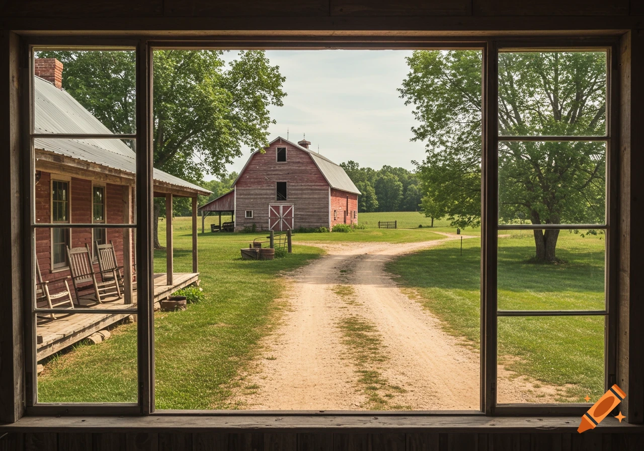 View through a window of a farm with a red barn, dirt driveway, and ...