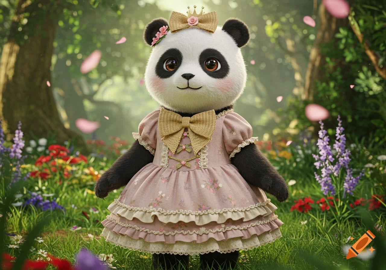 A cute panda in a pink princess dress stands in a forest with flowers ...