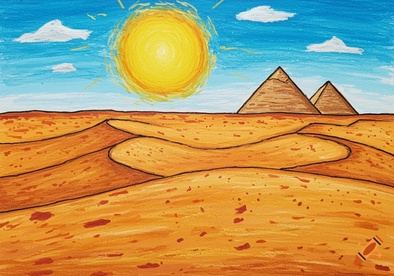 Crayon drawing of a sunny desert with sand dunes and pyramids on Craiyon