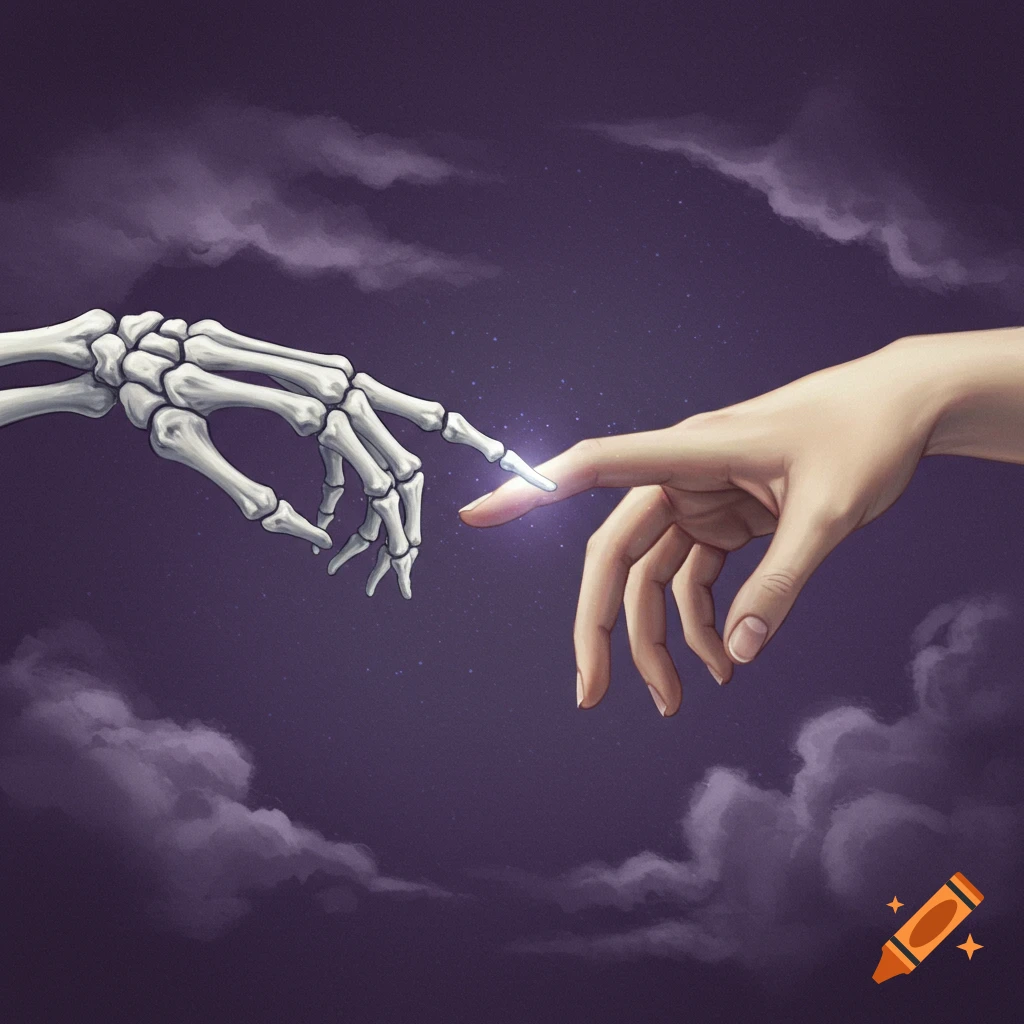 A skeleton hand and a human hand touch fingers in a starry sky with ...