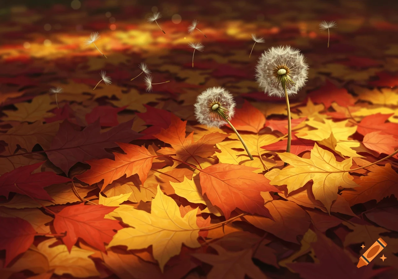 Autumn leaves cover the ground with dandelions and floating seeds. on ...