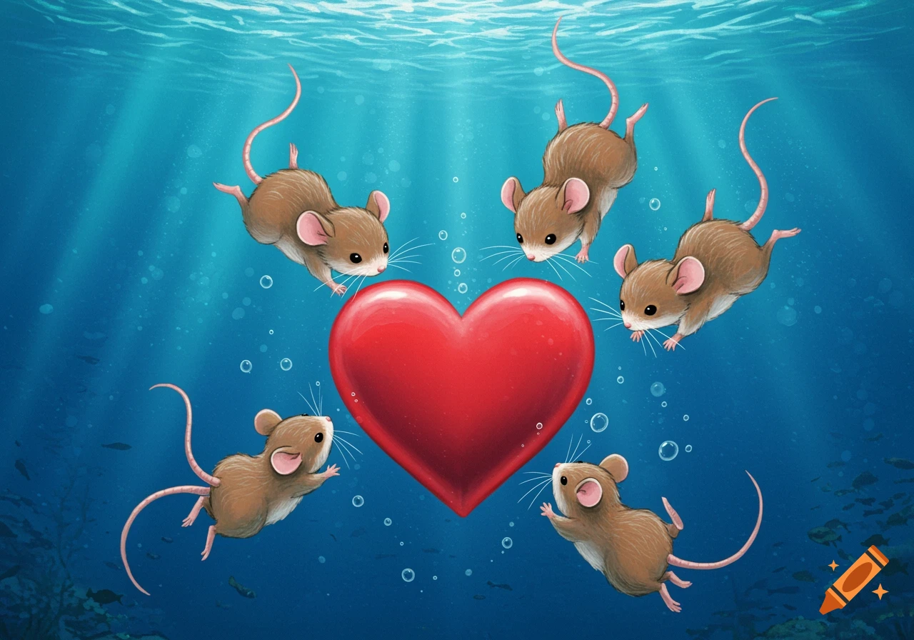 Five cute cartoon mice swim around a red heart underwater. on Craiyon