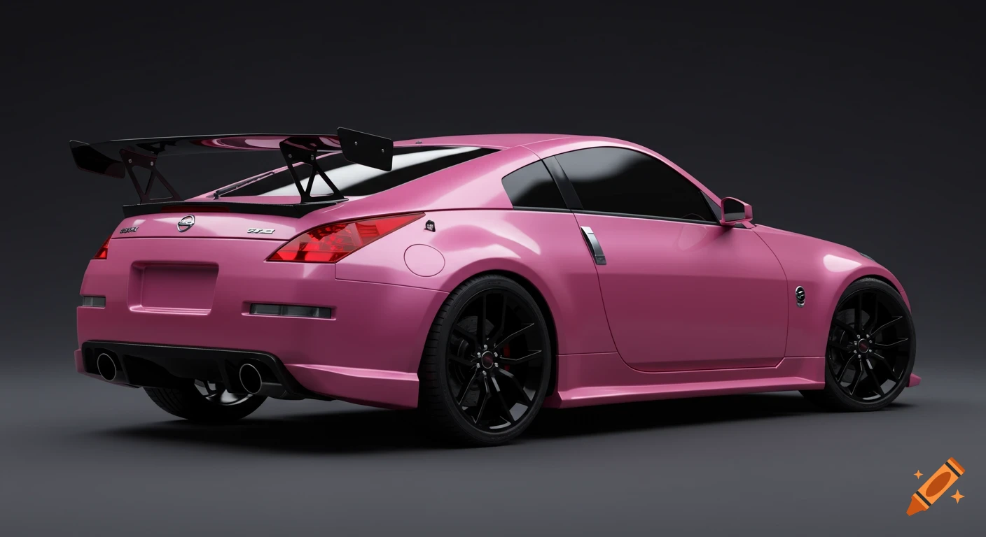 Pink Nissan 350Z with a black spoiler and black wheels in a studio ...