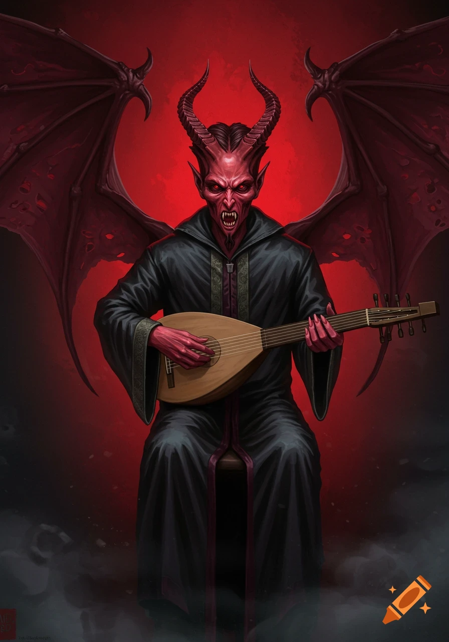 Red-skinned demon with horns and wings plays a lute against a red ...
