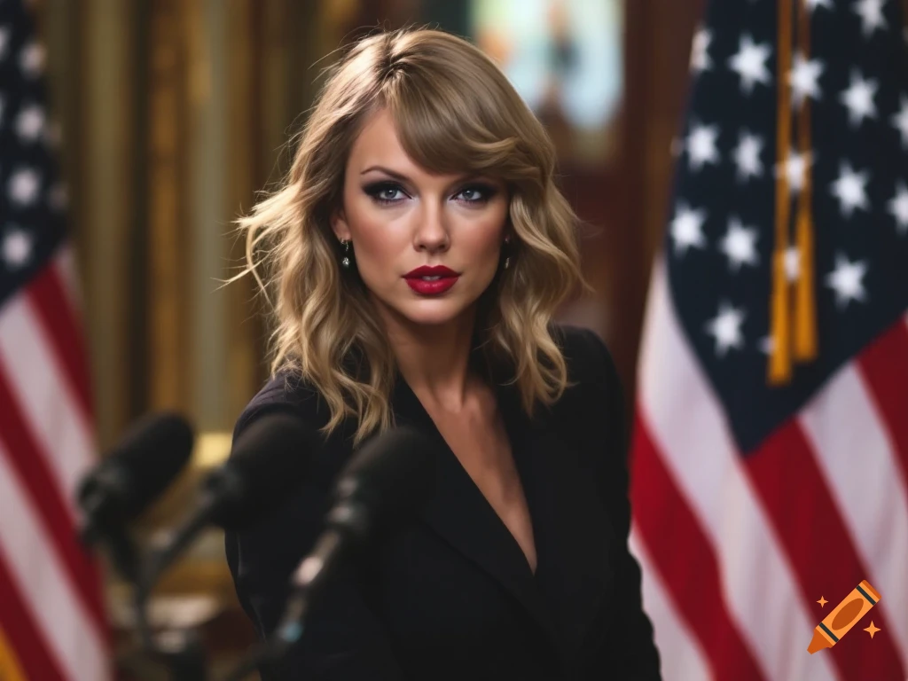 Portrait of a woman resembling Taylor Swift speaking at a podium with ...