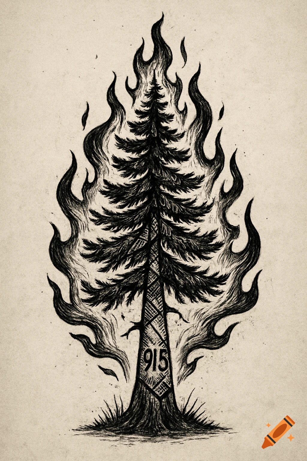 Black ink drawing of a burning pine tree with 915 carved into the trunk ...