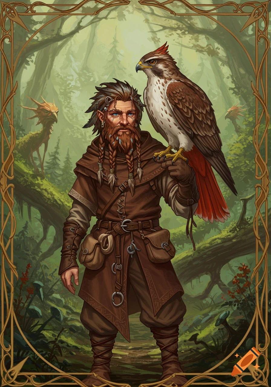 A bearded druid holds a hawk on his arm in a forest, fantasy art style ...