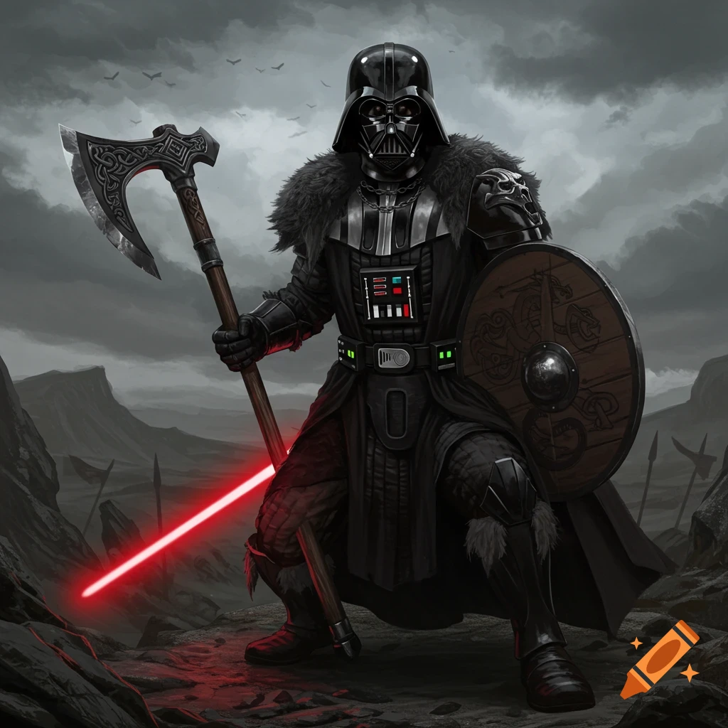 Darth Vader dressed as a Viking warrior holding an axe and shield in a ...