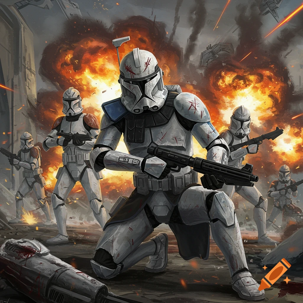 An illustration depicts Clone Troopers in a chaotic battle scene with explosions. on Craiyon