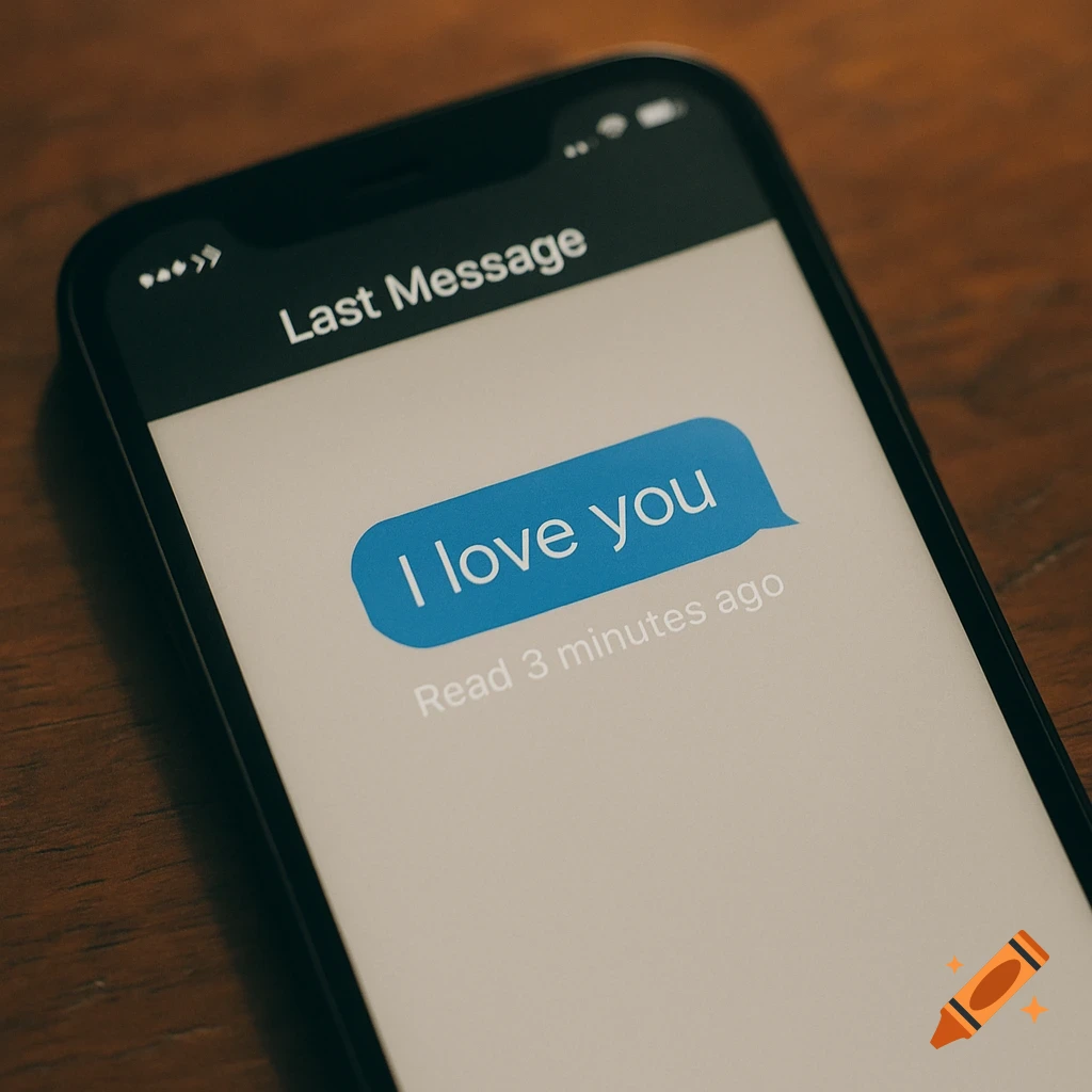 Close-up of a phone screen showing a text message bubble that says 'I love you'. on Craiyon