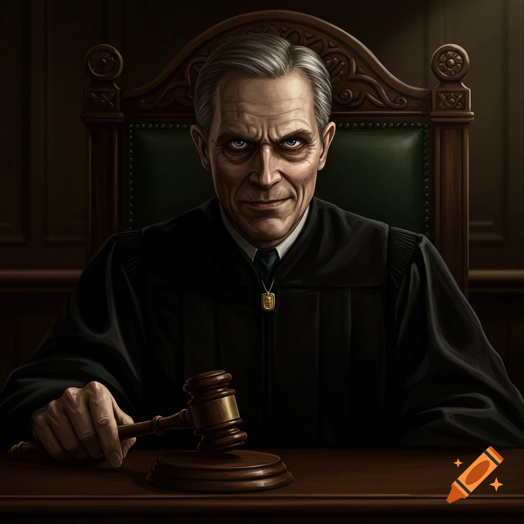 An intense judge in robes sits at a bench with a gavel, digital ...