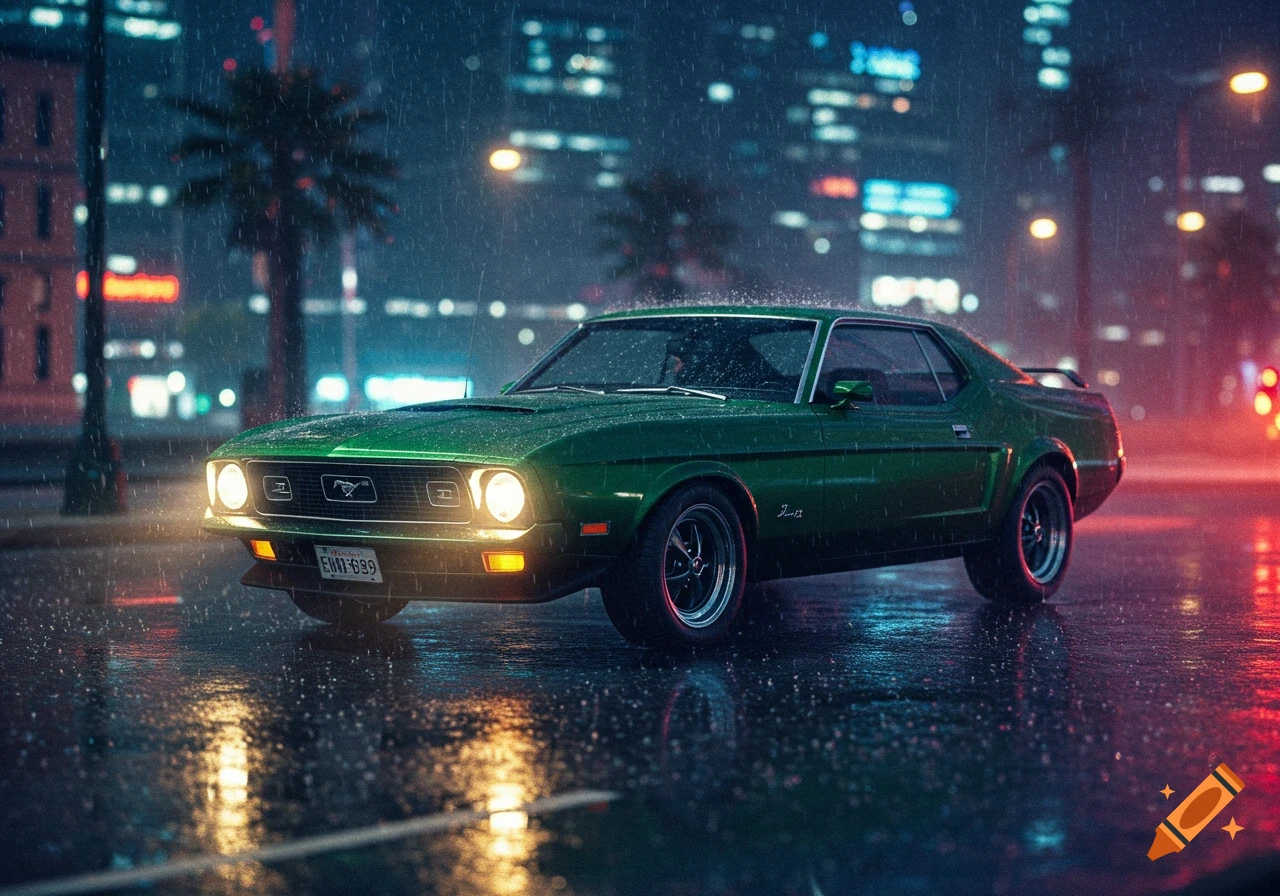 A green 1970s Ford Mustang parked on a wet city street at night in the ...