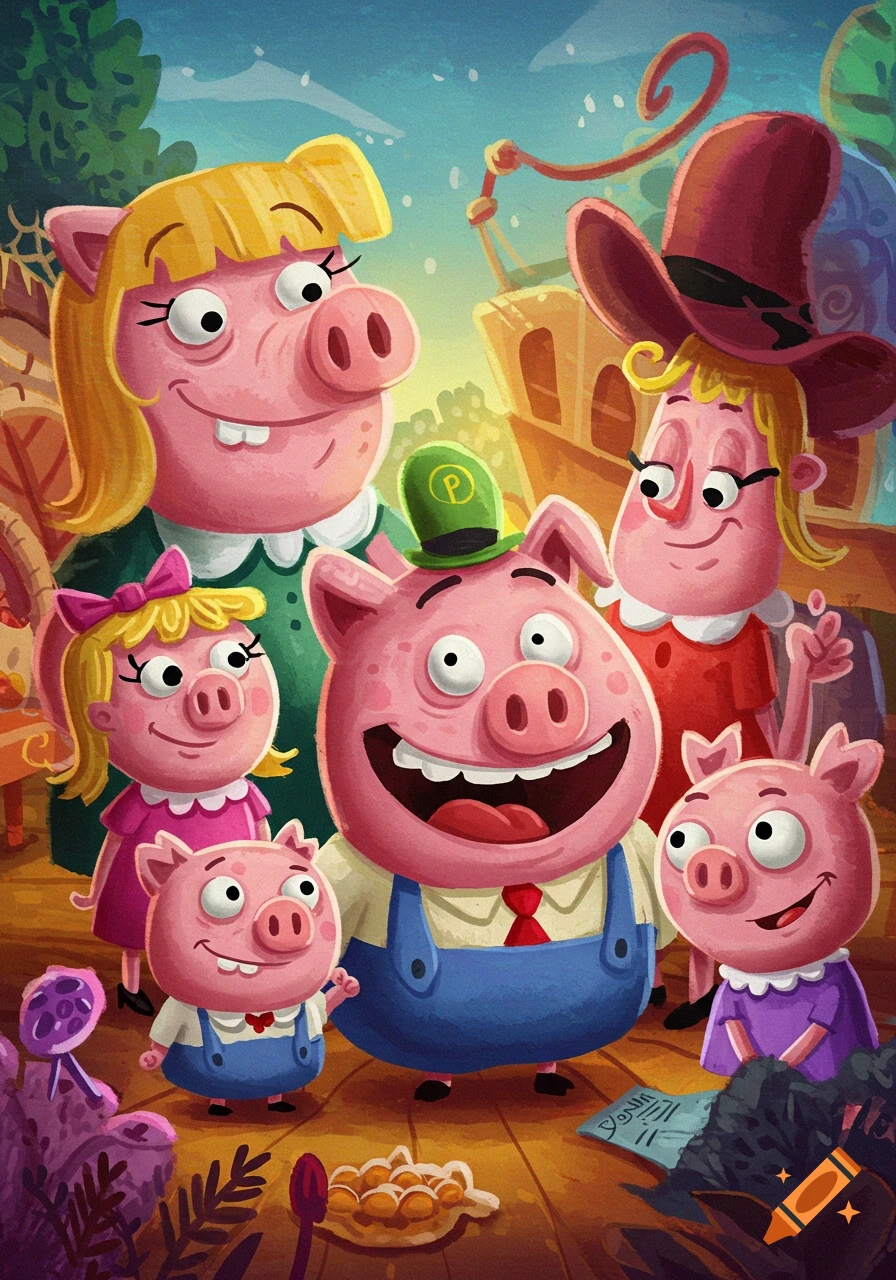 A cartoon family of pigs stands together in a vibrant, illustrated ...