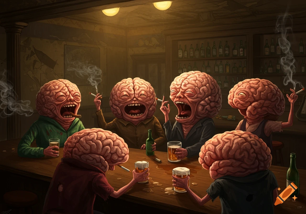Surreal illustration of several humanoid brains with faces, laughing ...