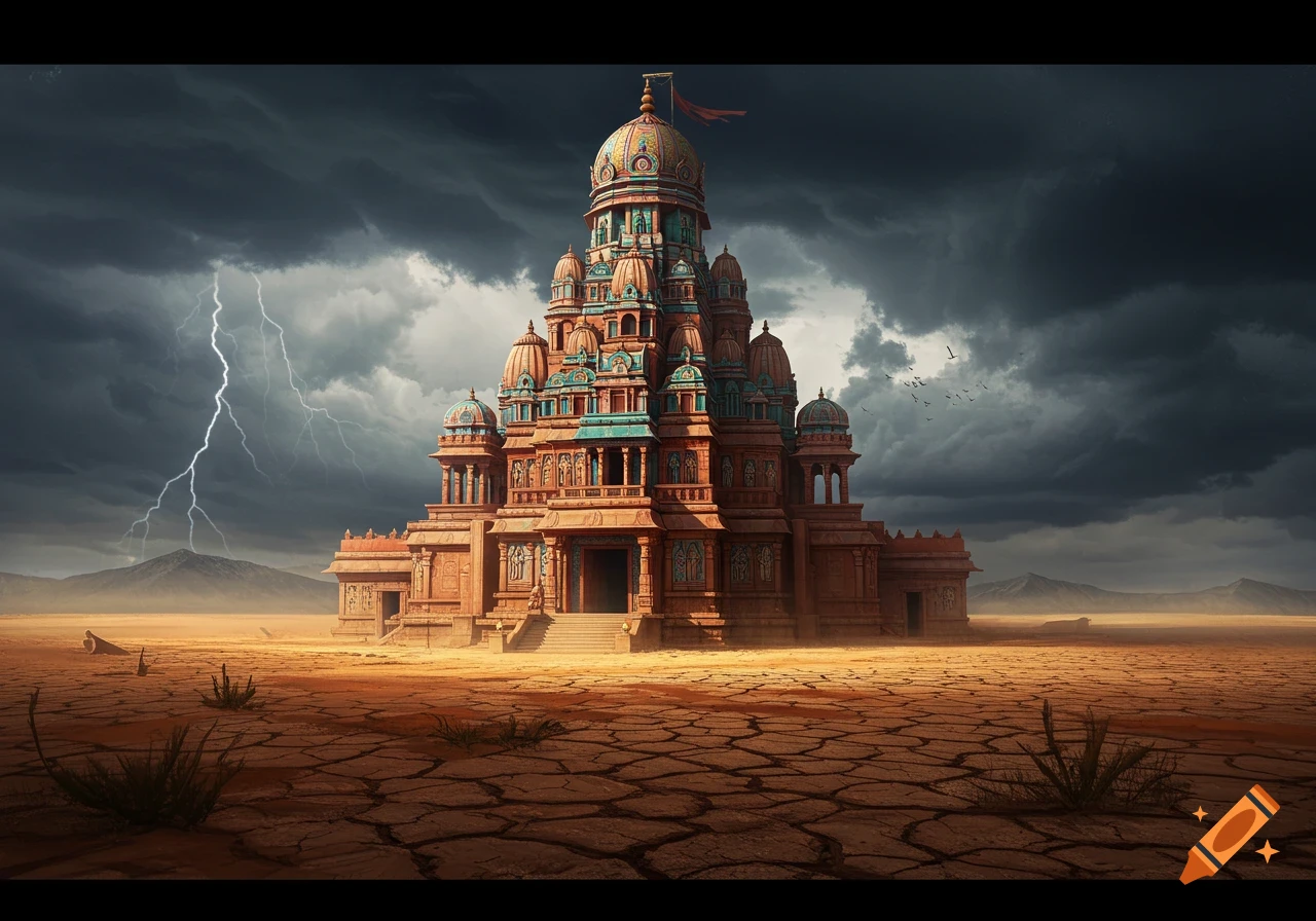 A multi-story temple stands in a desolate, cracked land under a stormy ...