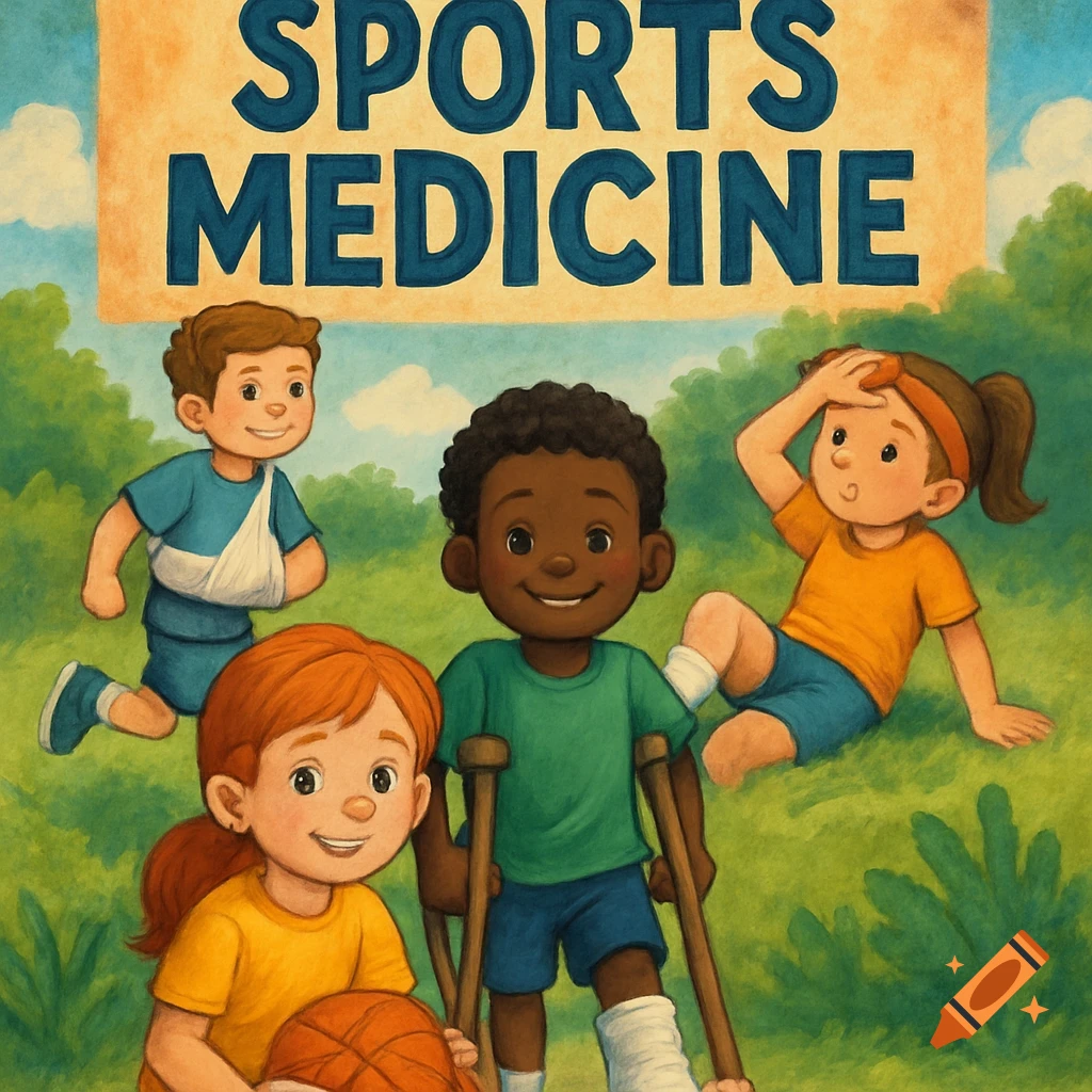 Cartoon illustration of children with sports injuries and a banner ...