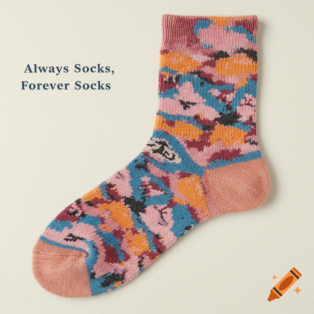 A single colorful patterned sock sits next to the text 'Always Socks, Forever Socks'. on Craiyon