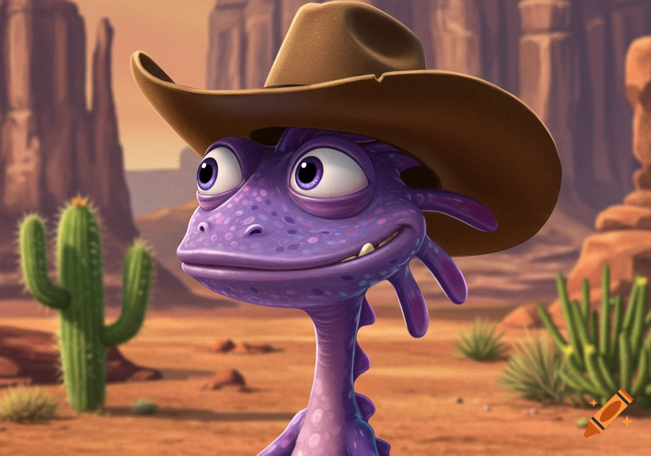 Cartoon purple monster in a cowboy hat standing in a desert. on Craiyon