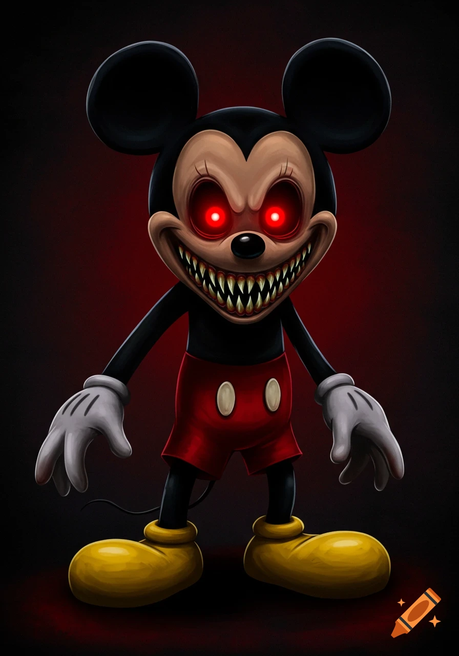 Creepy depiction of Mickey Mouse with glowing red eyes and sharp teeth on Craiyon