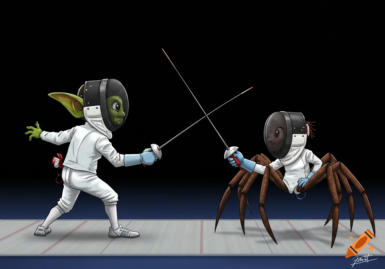 A cartoon goblin and a spider creature fence with epees, both wearing ...