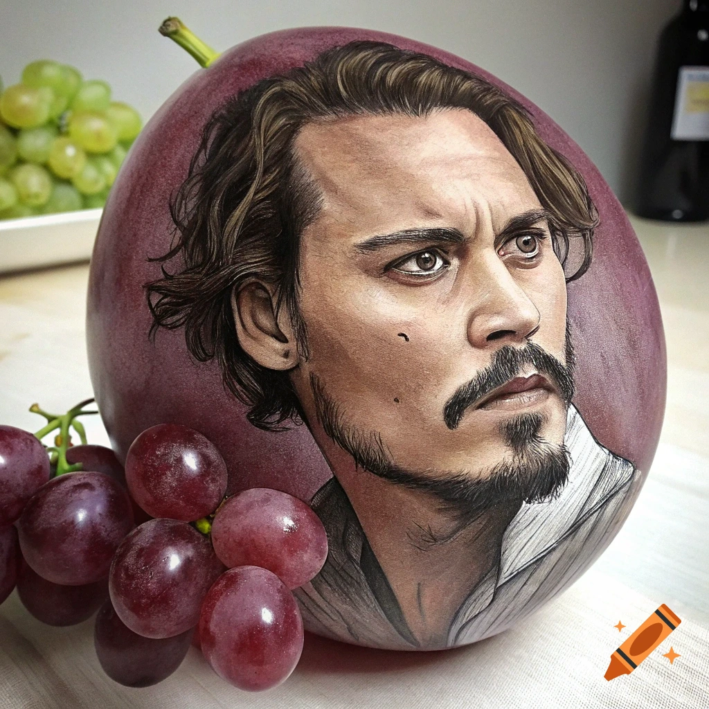 Photorealistic portrait of Johnny Depp painted on a large purple grape, with clusters of grapes ...