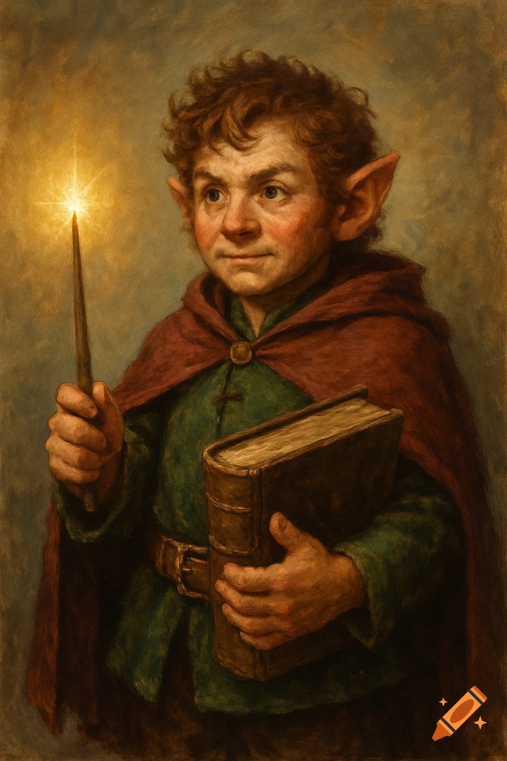 Portrait of a hobbit-like character holding a glowing wand and a book ...