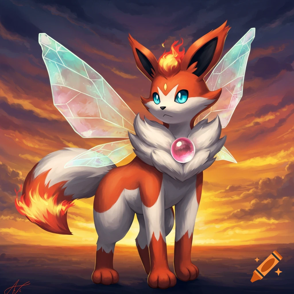 A fantasy fire and fairy type creature resembling a Pokemon stands before a fiery sunset. on Craiyon