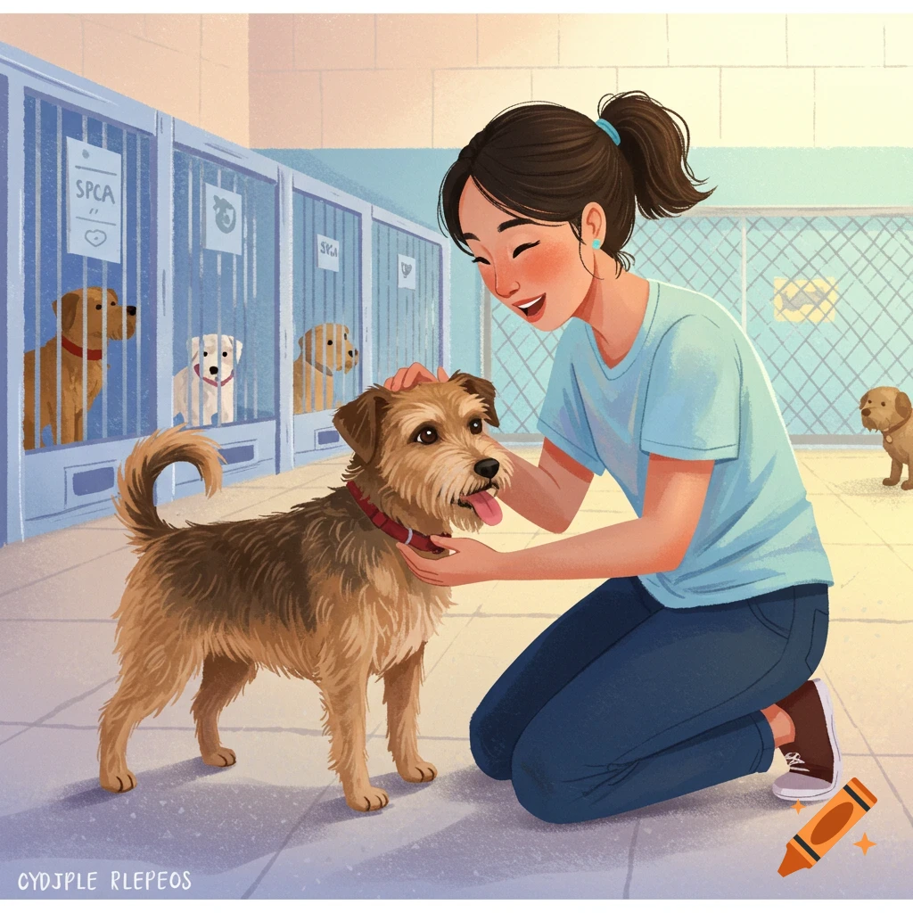 Illustration of a woman kneeling to pet a dog in an animal shelter ...