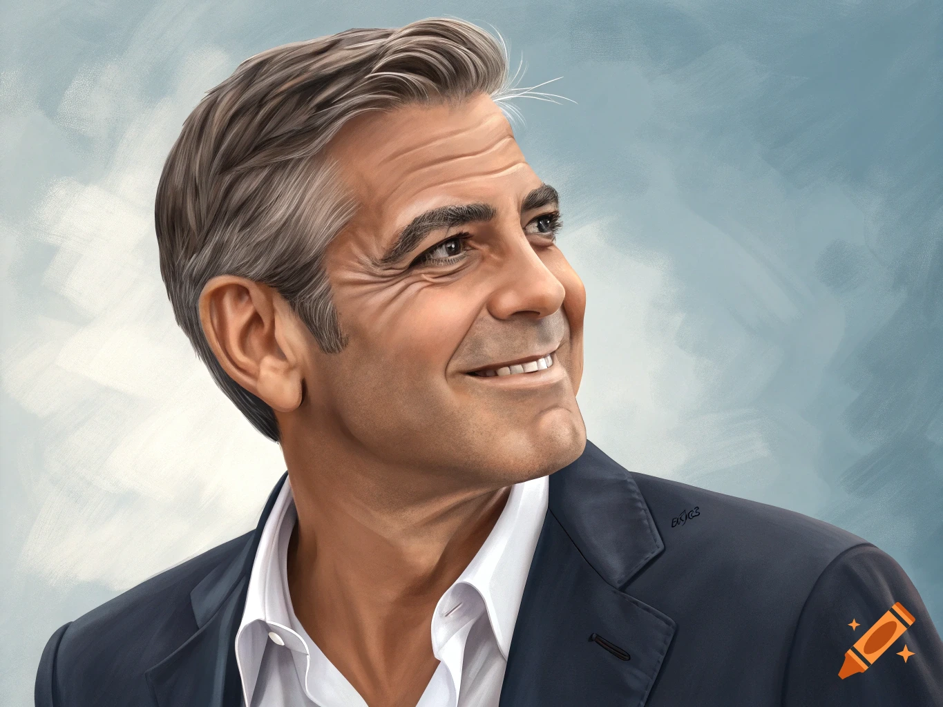 Painted portrait of George Clooney smiling, wearing a suit on Craiyon
