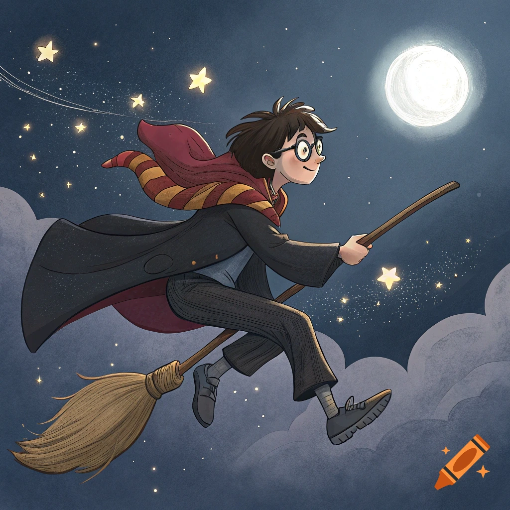 Cartoon illustration of a wizard flying on a broomstick at night on Craiyon