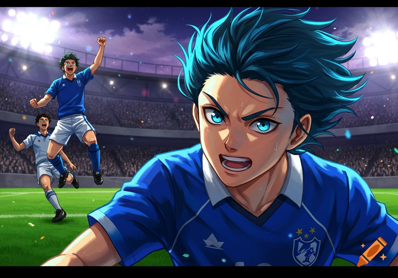 Anime style illustration of excited soccer players celebrating a goal ...