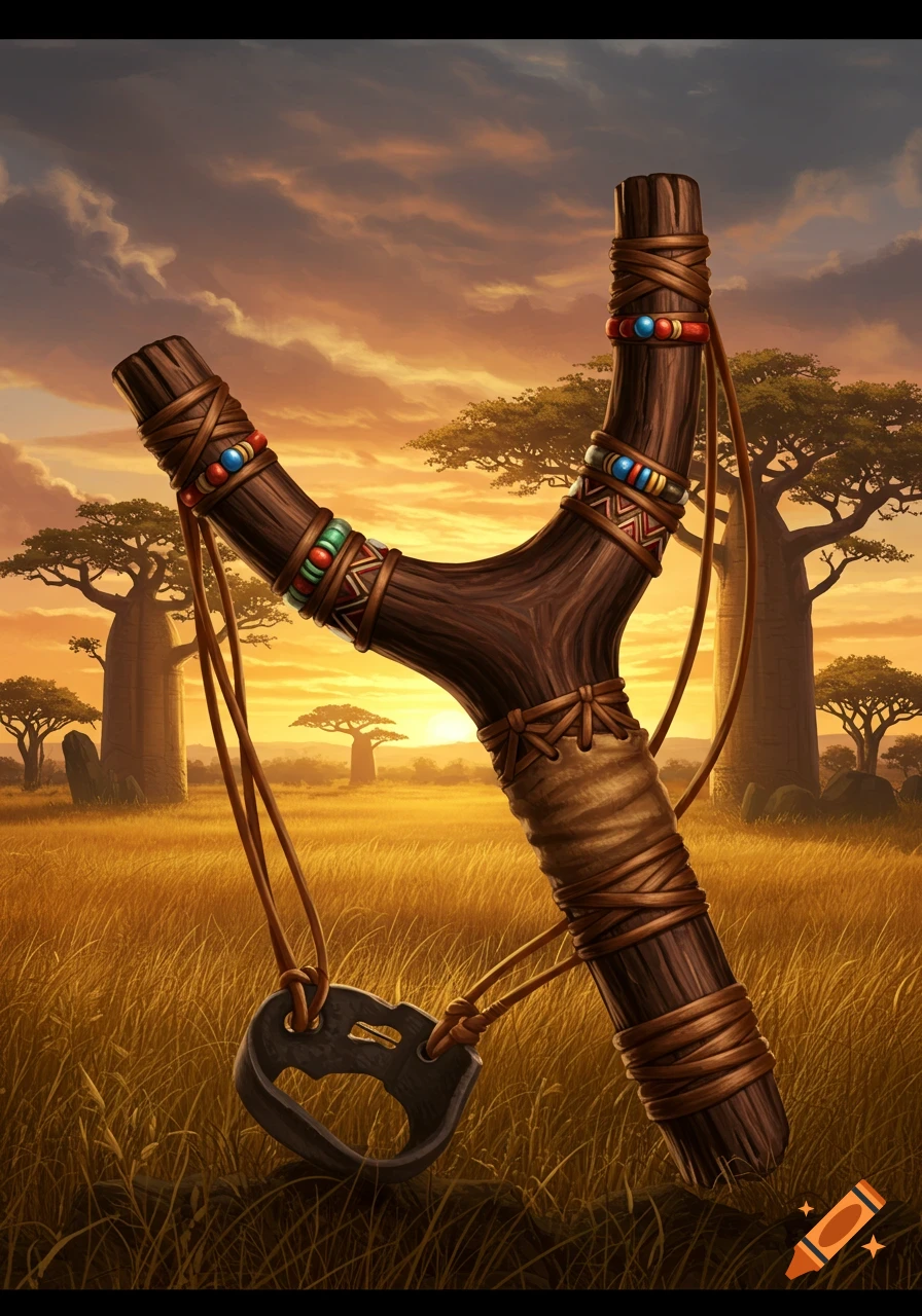 Close-up digital painting of a wooden slingshot in a savanna landscape ...